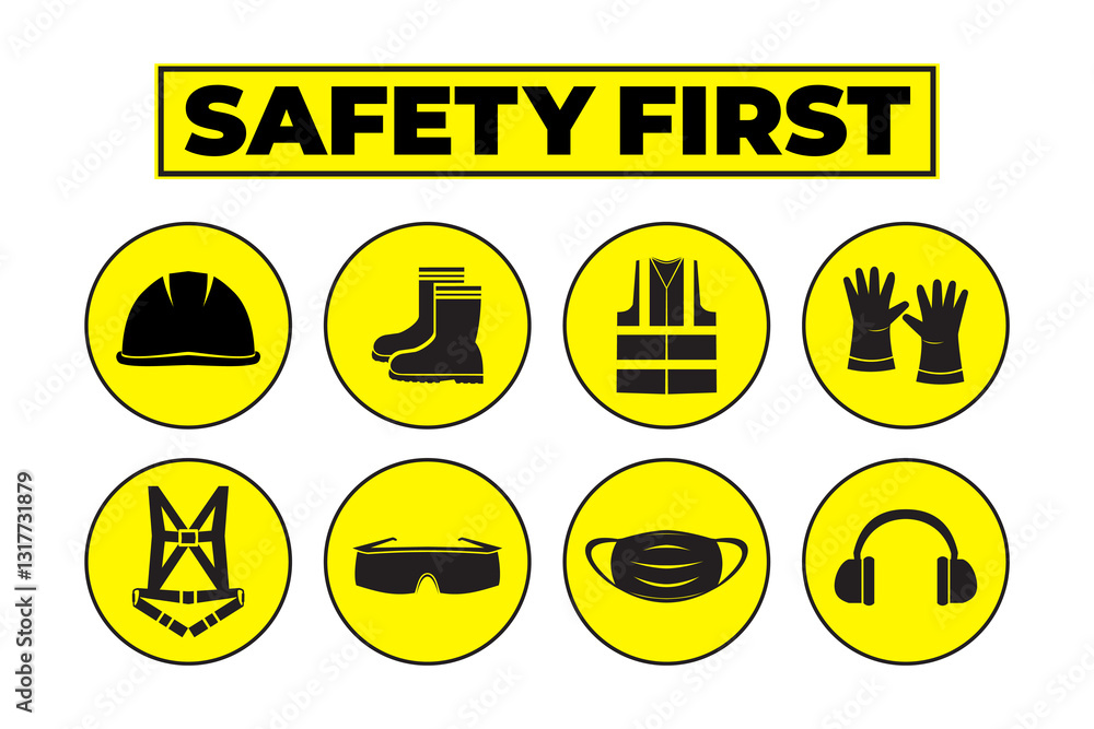 Safety first icon set features essential PPE symbols, including hard ...
