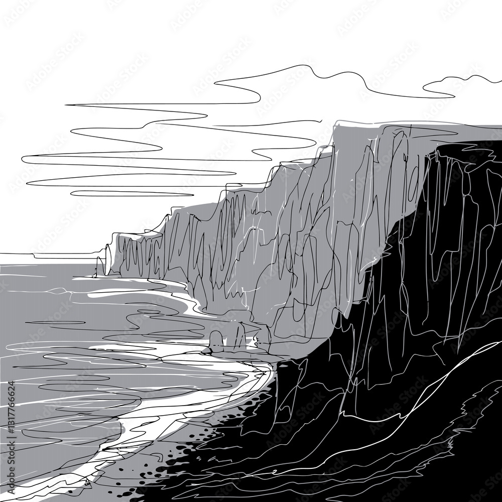 Coastal Cliff Landscape Line Drawing Stock Illustration | Adobe Stock