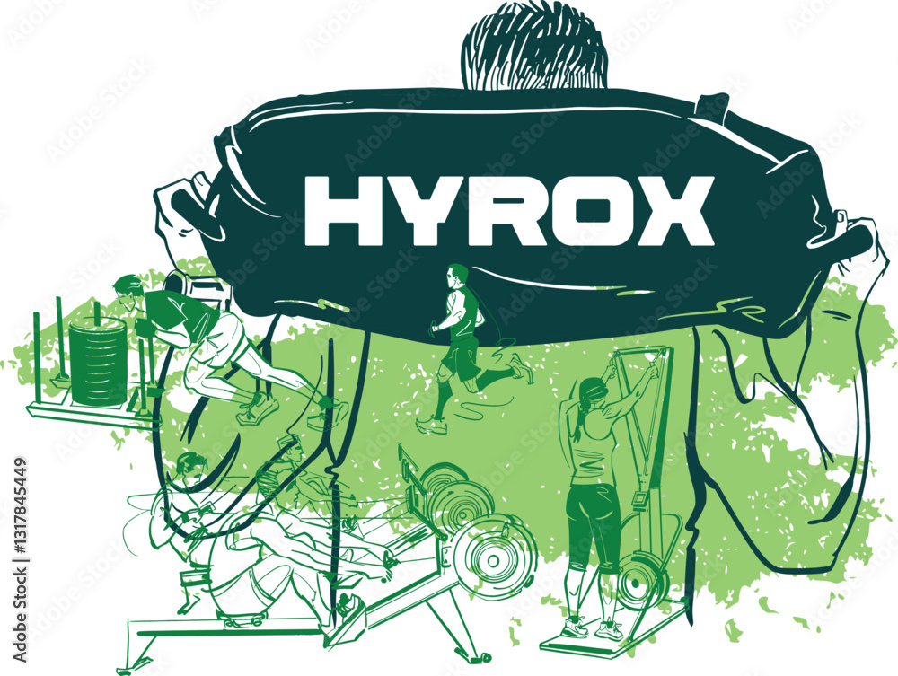 Illustration of a HYROX fitness event featuring athletes engaging in ...