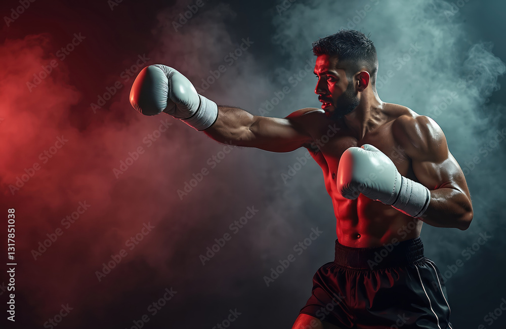 Strong muscular sportsman boxer fighting in gym on black background ...