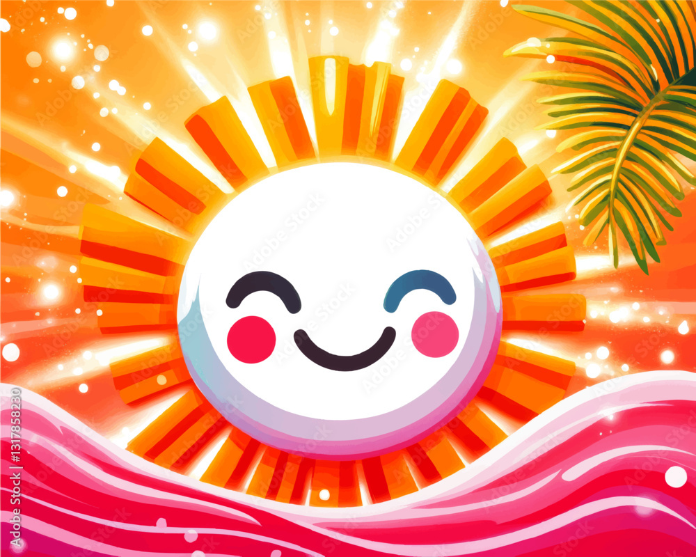 Vibrant Smiling Sun Vector Art with Radiant Orange Rays and Pink Waves ...