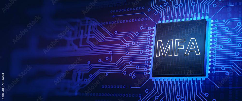 MFA Technology – Multi-Factor Authentication Chip on a Futuristic Blue ...