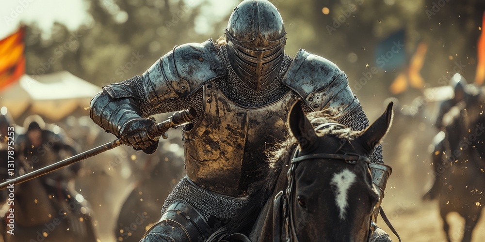 Armored knight charging with lance during medieval tournament battle ...