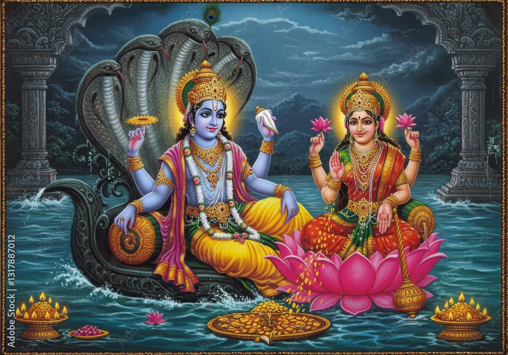 Divine Union of Lord Vishnu and Goddess Lakshmi – Seated on Sheshnag in ...