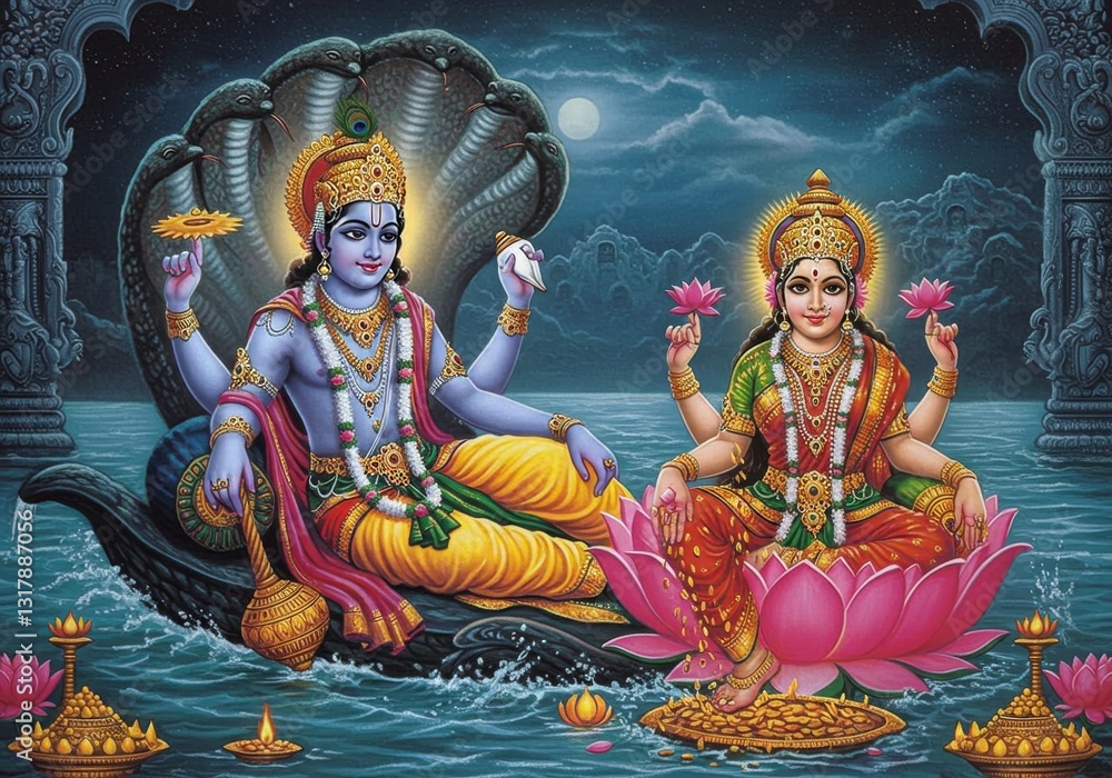Divine Union of Lord Vishnu and Goddess Lakshmi – Seated on Sheshnag in ...