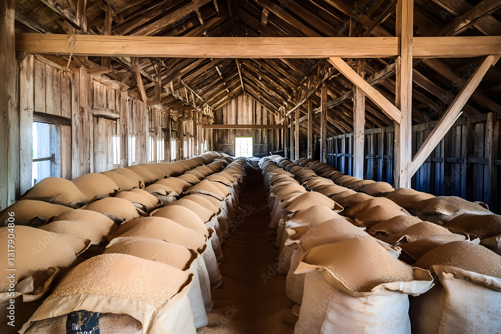 Grain Sacks Arranged in Orderly Rows Inside a Farm for Rustic ...
