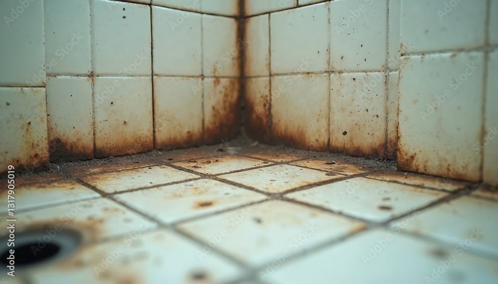 Grunge bathroom corner with dirty white tiles floor, walls with brown ...