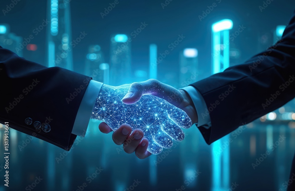 Digital partnership over futuristic background. Artificial intelligence ...