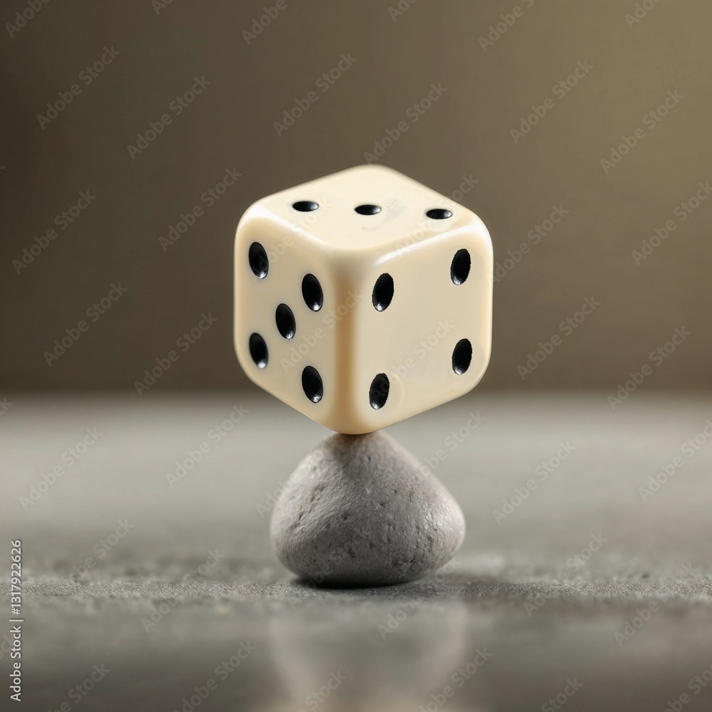 Dice balanced on the tip of a small stone, symbolizing fate ...