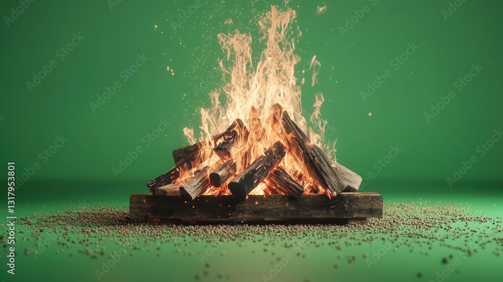 Massive bonfire with crackling wood and glowing embers, green screen ...
