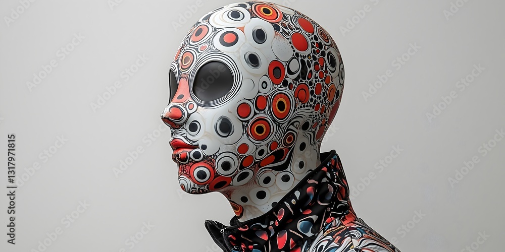 Psychedelic mannequin mask featuring vibrant patterns and morbid ...