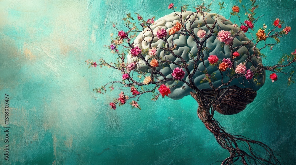 Digital Flourishing Mind Garden - Vibrant Neurological Tree with Blooming Thoughts, Mental ...