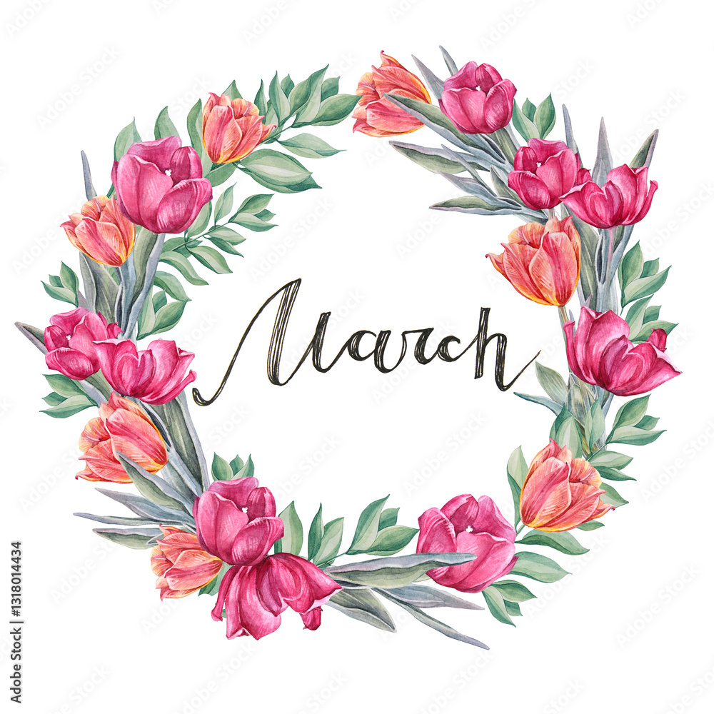 Watercolor circle frame with red orange tulip and green leaves isolated ...