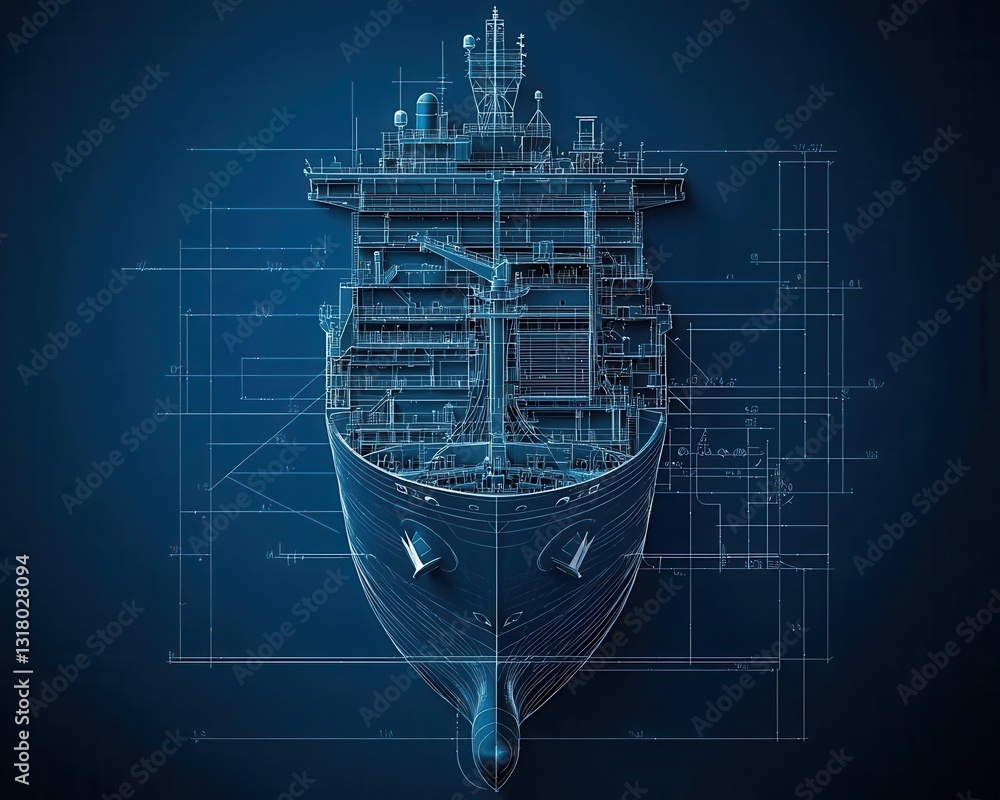 Crosssectional blueprint of a cargo ship s hull, showing doublebottom ...