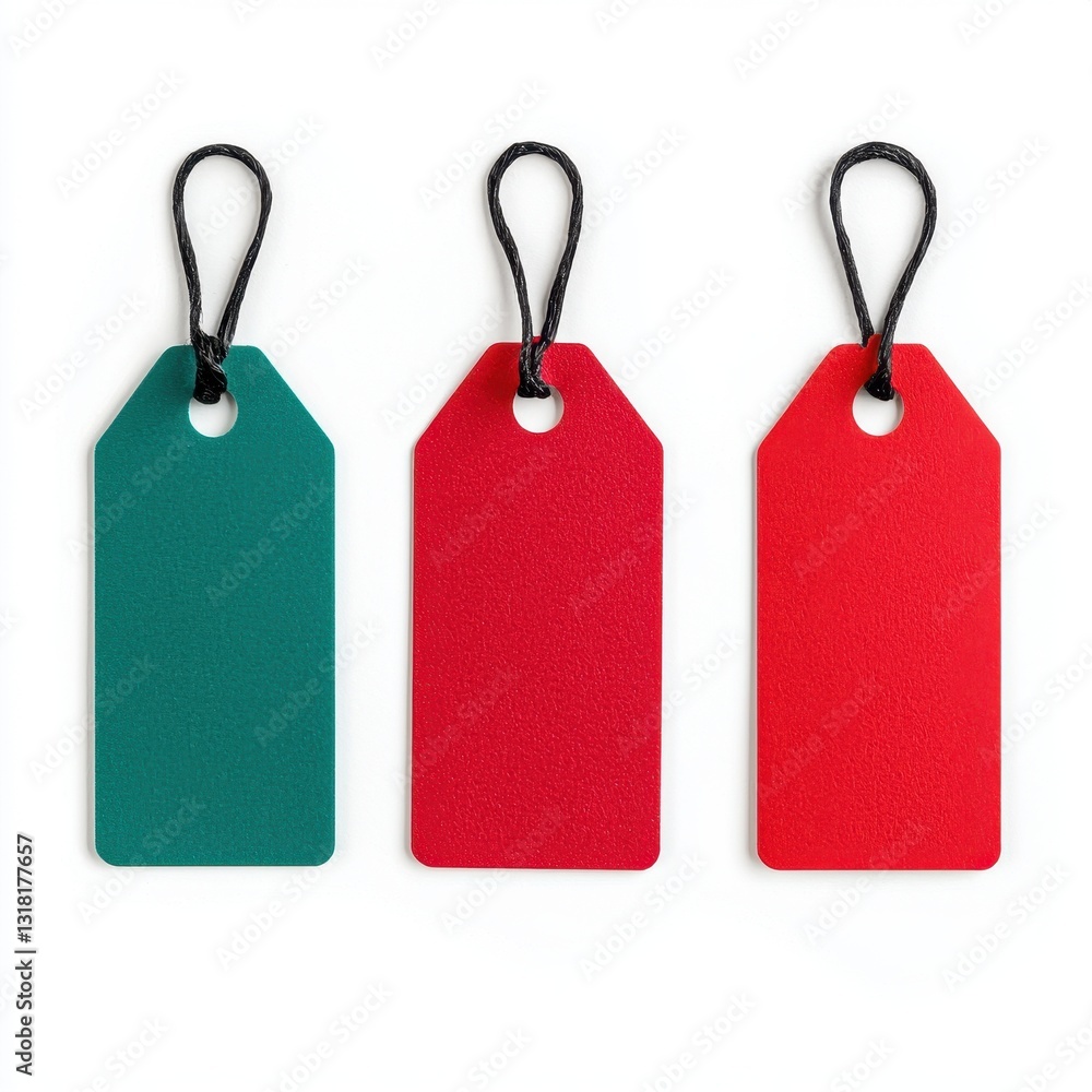 Three colorful tags in green and red, designed for labeling or ...