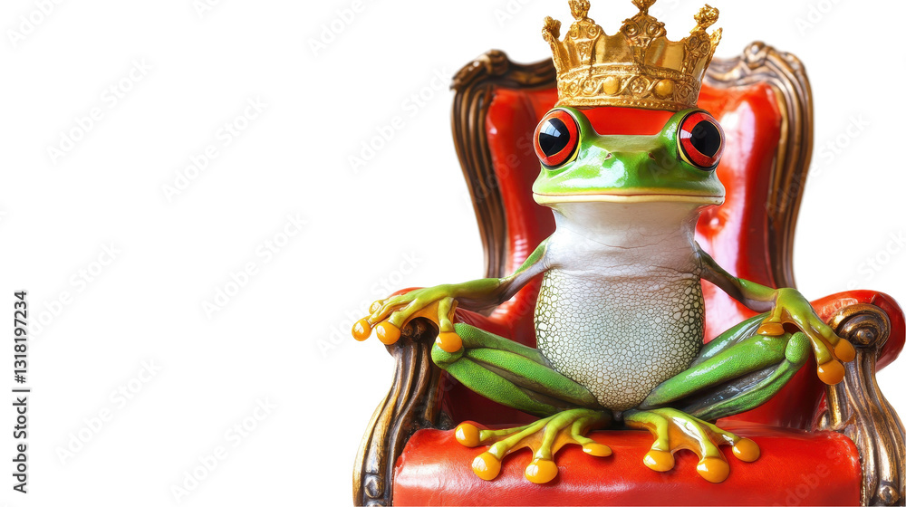 A regal frog sitting on a red throne wearing a golden crown ...