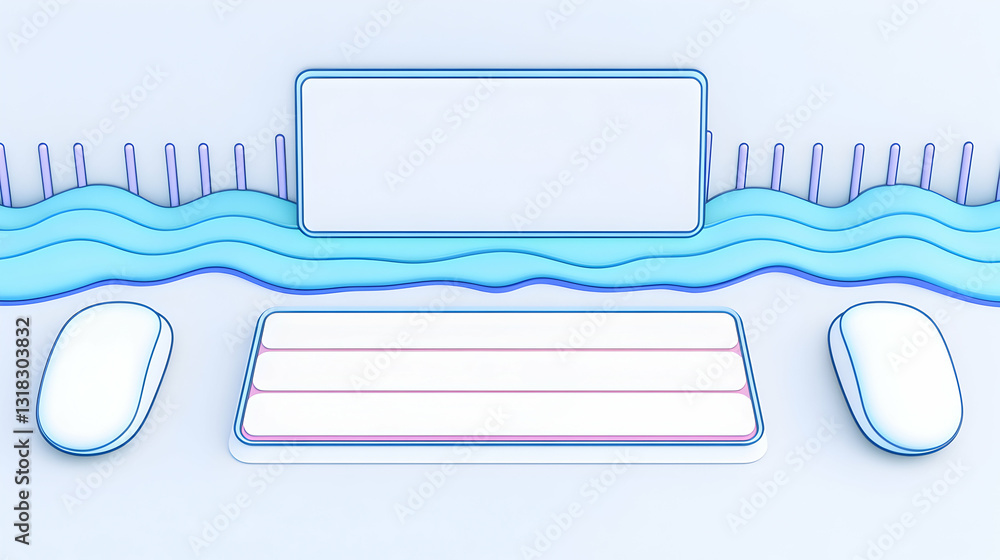 Stock-Illustration „Pastel Computer Setup on Wavy Background, Digital ...