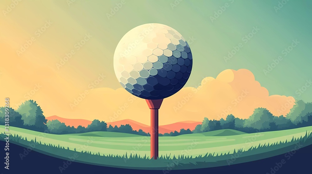 Minimalist flat illustration of a golf ball on a tee, with a subtle ...