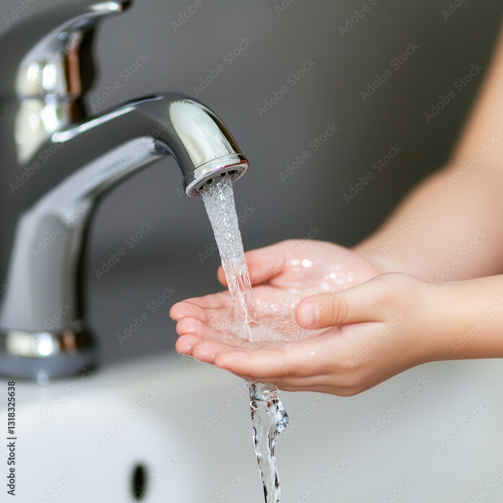 child washing hands under running faucet, emphasizing hygiene and cleanliness. water flows ...