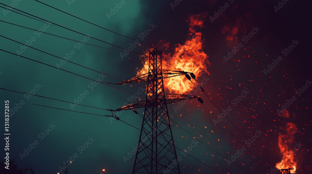 High voltage Power transmission tower pole line on fire Stock Photo ...