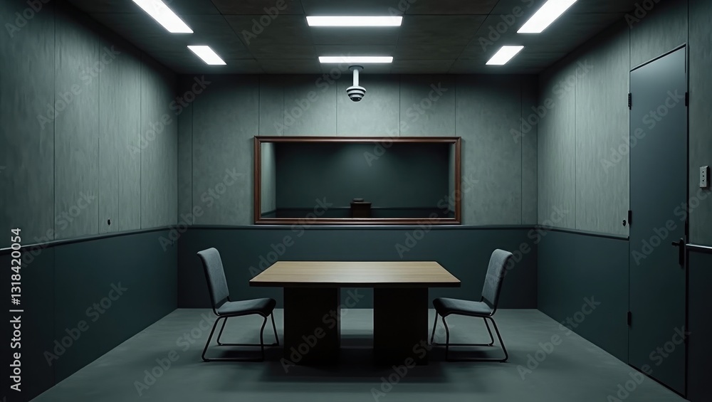 Empty interrogation room. Illuminated investigation room featuring a recording surveillance ...