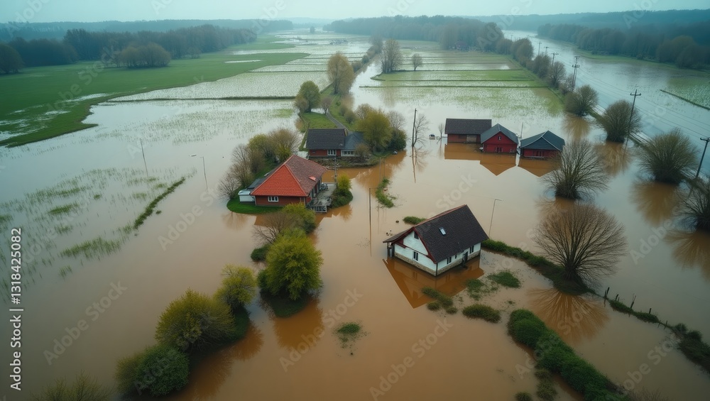Flooded village, farms, fields, and houses seen from an aerial drone ...