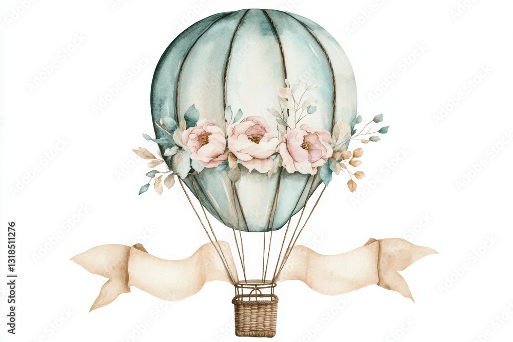 Beautiful hot air balloon with floral accents and a vintage ribbon ...