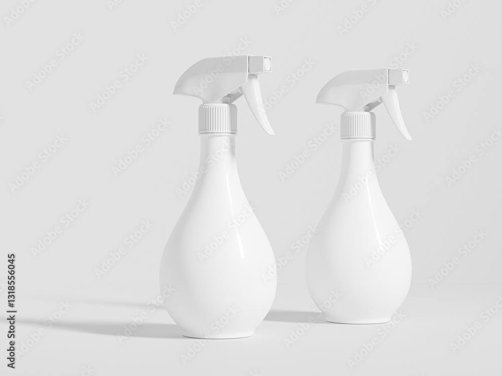 Trigger spray bottle mockup, white plastic sprayer packaging, rounded ...
