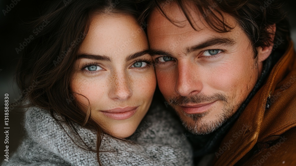 Couple closely embraces, their eyes meet with a profound expression of ...