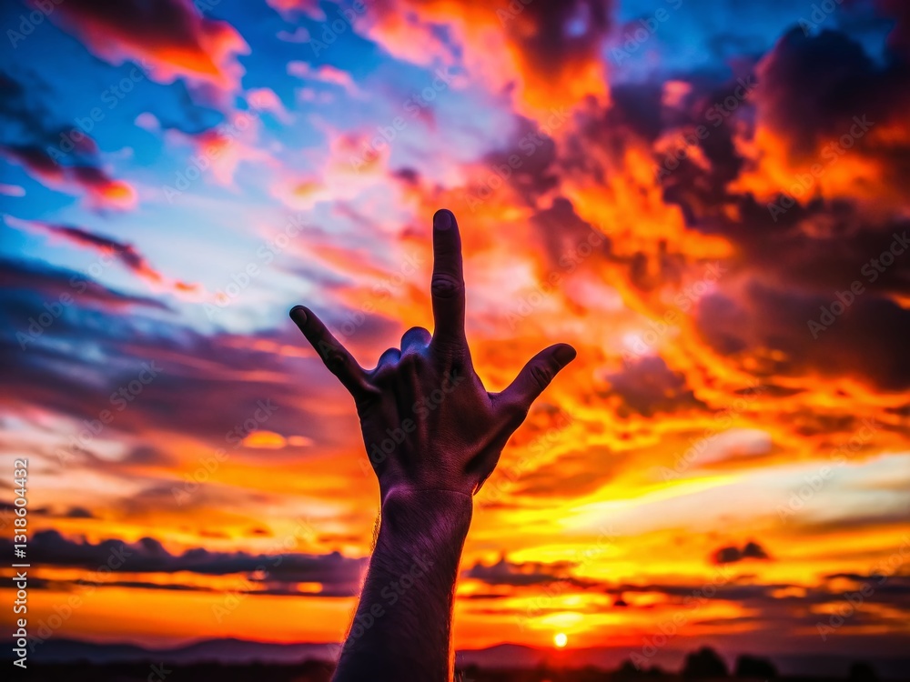 Silhouette of a hand giving the middle finger, sunset backdrop ...