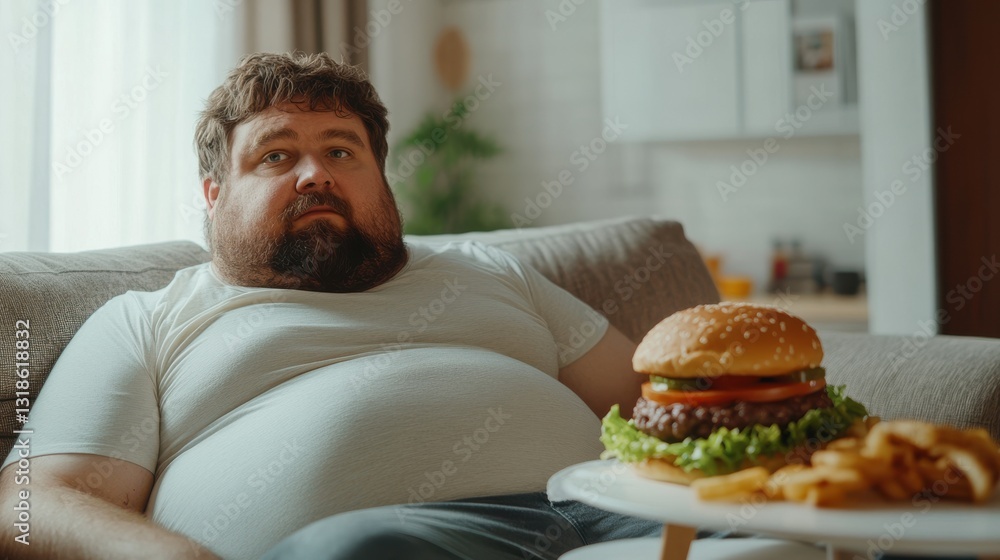 Fat man eating fast food hamberger. Breakfast for overweight person ...
