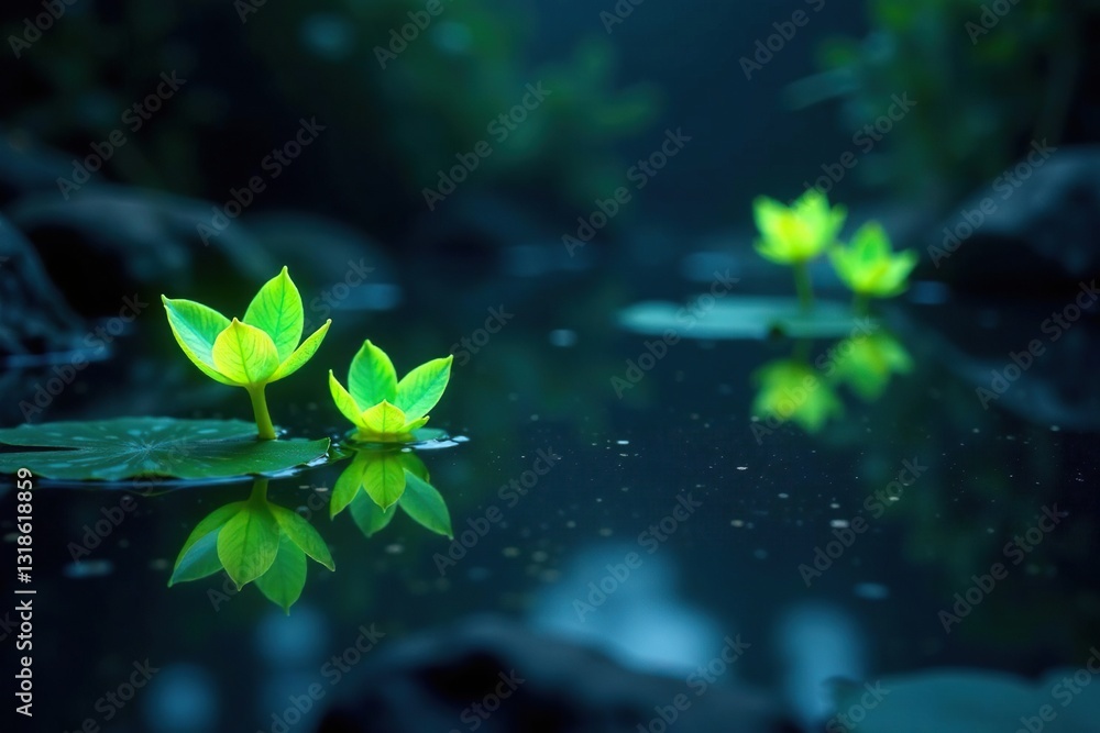 Glowing bioluminescent plants in shallow water of pond, ecosystem ...