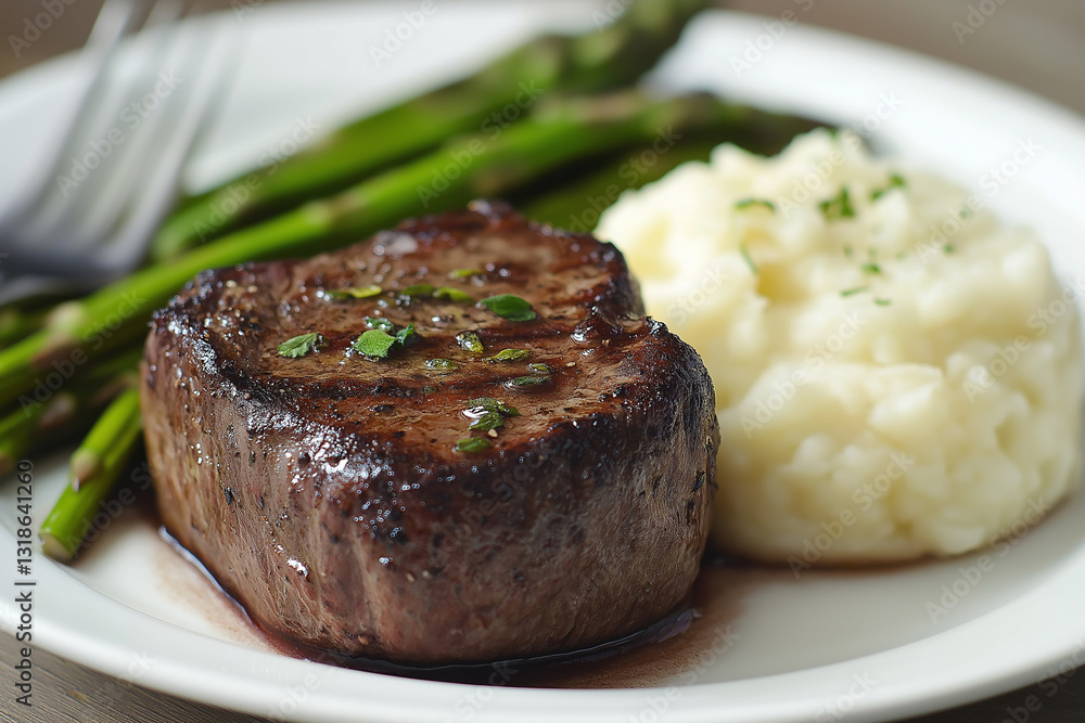 Gourmet steak dinner featuring a medium-rare filet mignon with garlic ...