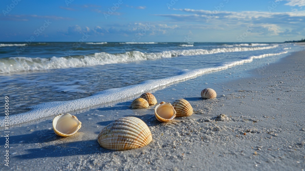 Shells are scattered on a sandy beach where gentle ocean waves wash ...