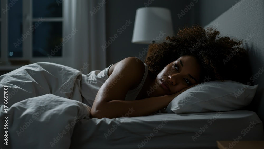 Black woman lying in bed indoors at night, contemplating life and ...