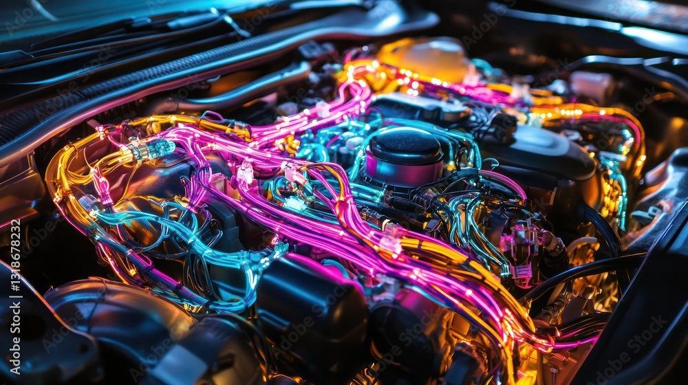 Intricate wiring harnesses vividly colored within a car's engine ...