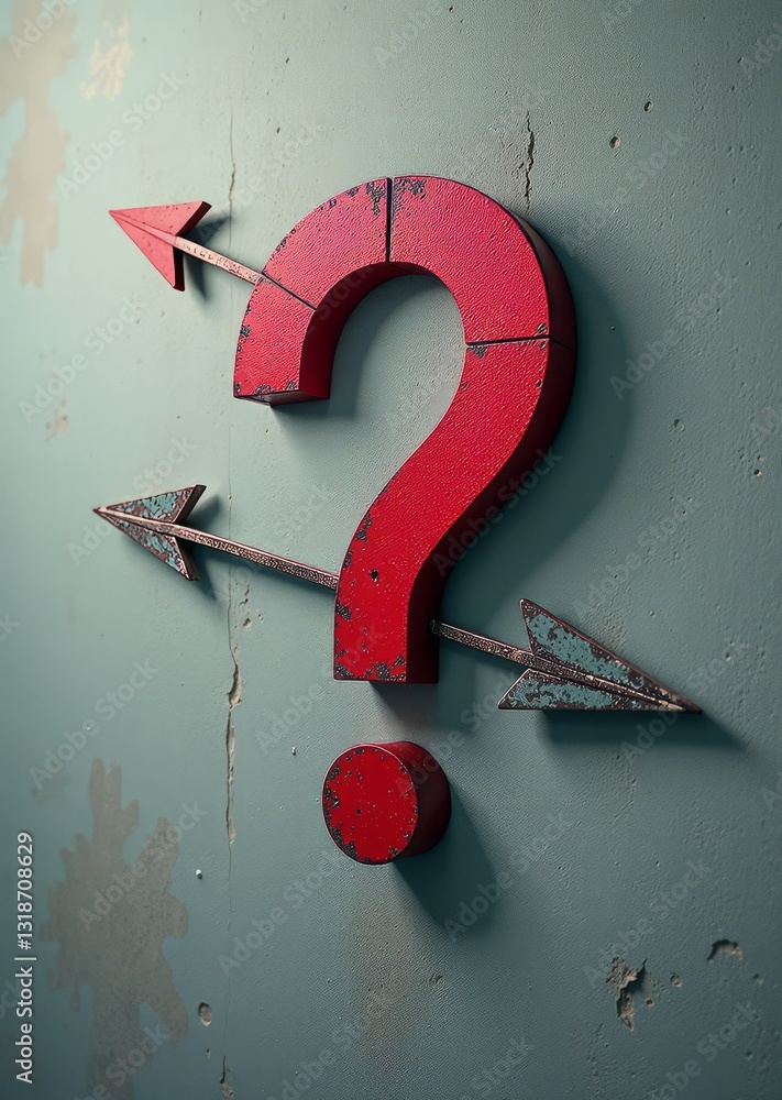 Arrows in different directions on a concrete wall red question mark ...