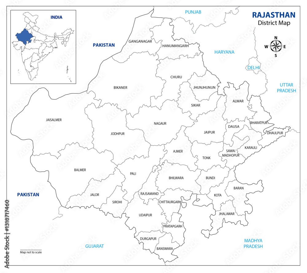 Rajasthan Map Outline with Districts Names and Boundries Stock Vector ...