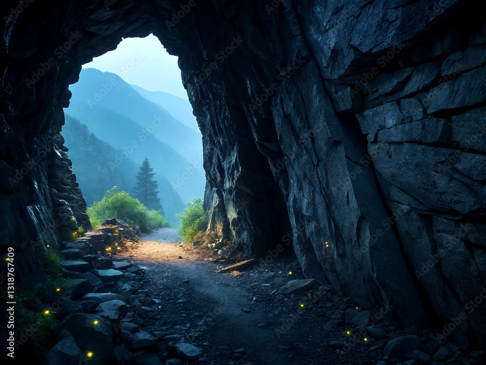 A dark and cavernous passageway carved through massive rock, creating a ...