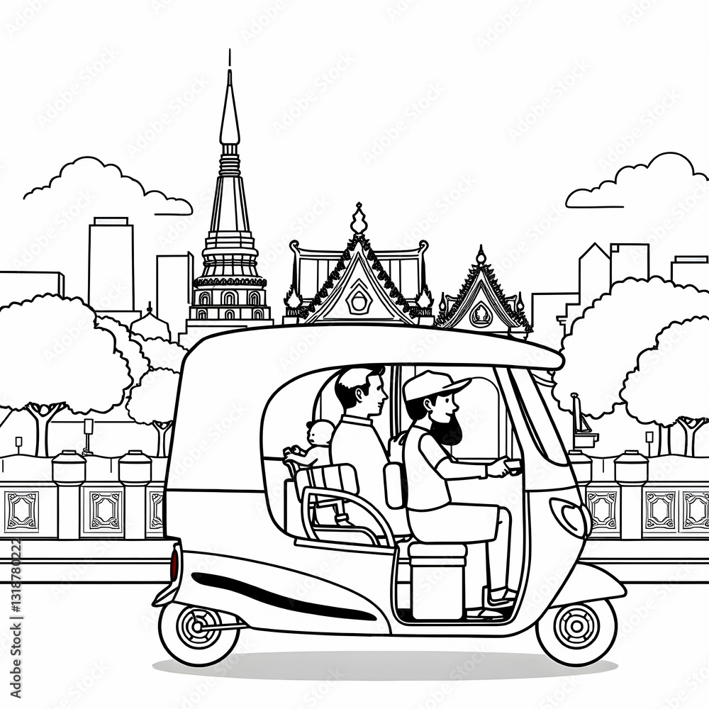 Thai Tuk Tuk Bangkok Skyline Temples Spires Street Scene Black and ...