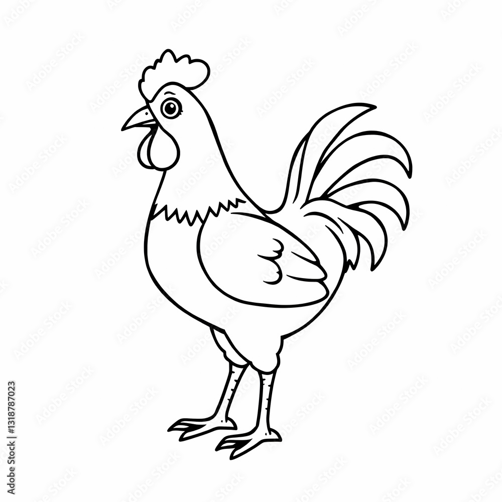 Cartoon Rooster Black and White Line Drawing Simple Farm Animal ...