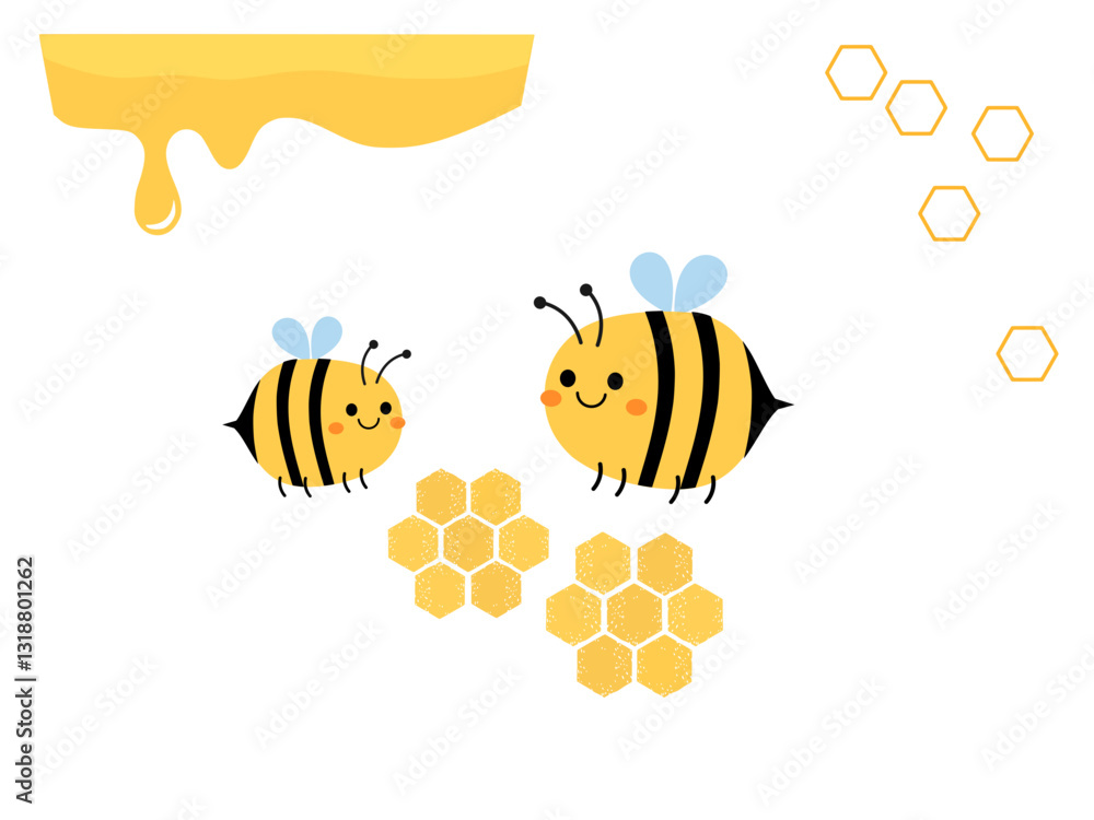 Beehive honey sign with hexagon grid cells, bee cartoons and honey drop ...