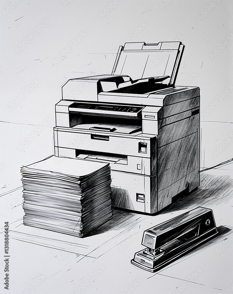 A printing station with a large copier stacks of paper and a stapler in ...