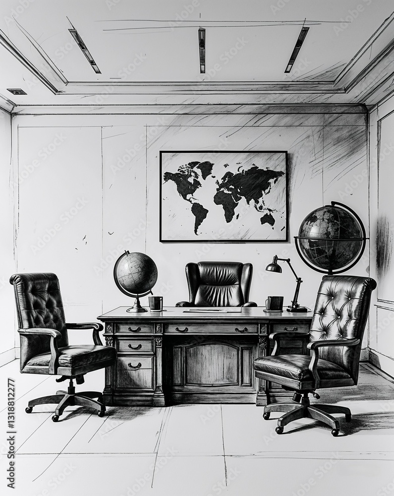 Executive office with leather chairs a large wooden desk and a globe in ...