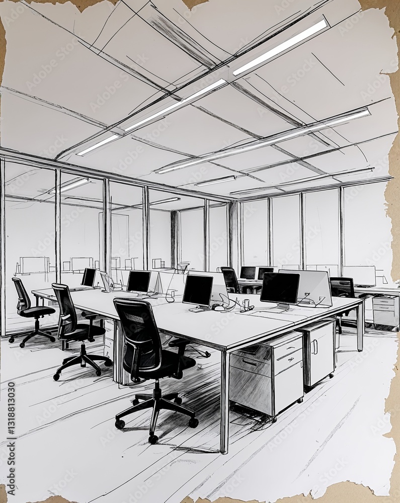 Open office layout with no partitions and collaborative desks in sketch ...