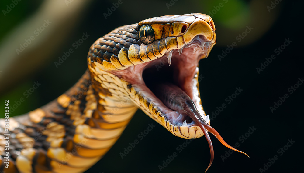 striking snake, in motion with mouth open and fangs showing,angle from ...