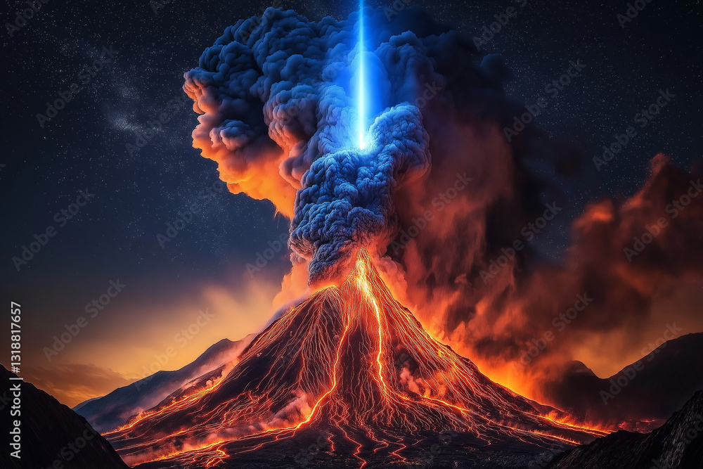 visually stunning volcanic eruption against a cosmic backdrop. The central focus is a volcano ...