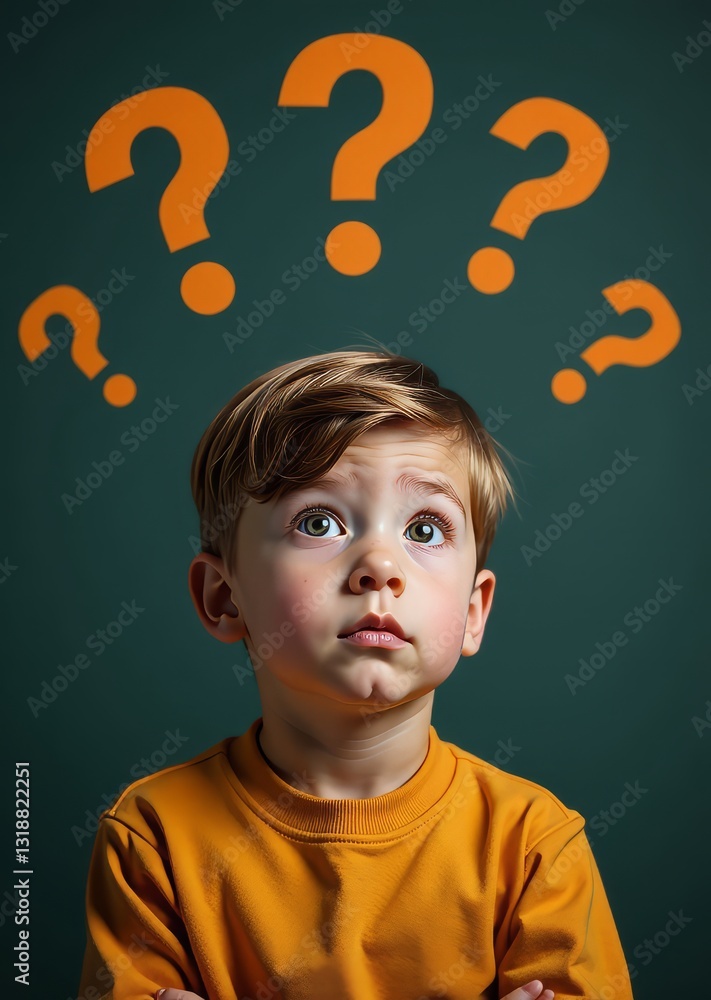 Foto de Stock Thinking cute young boy with five question marks above ...