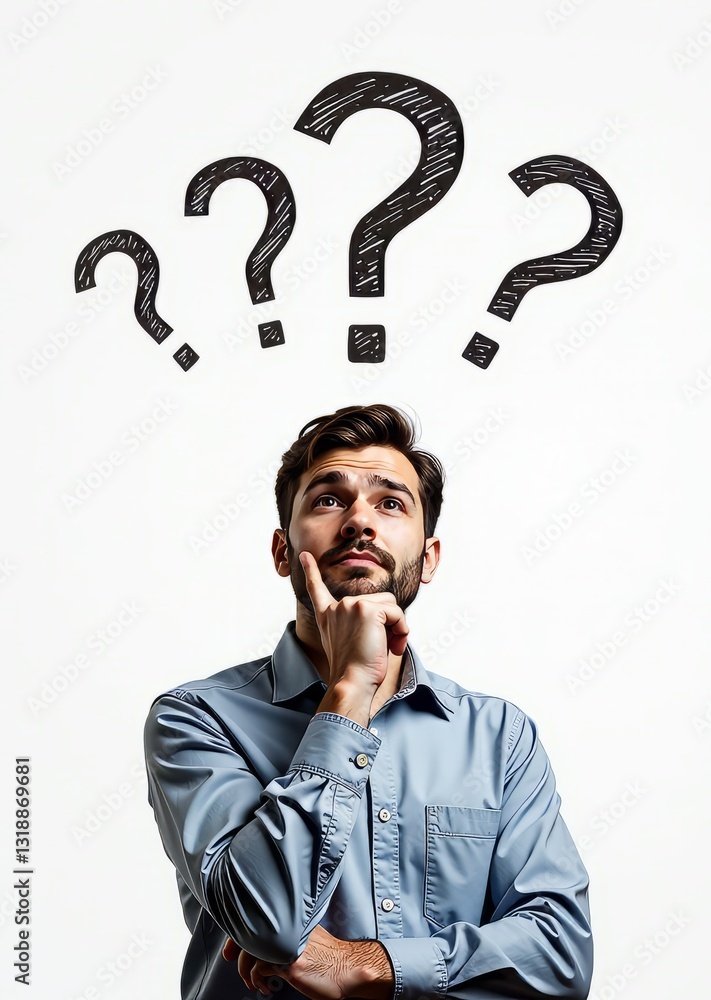 Man pondering with question marks above his head in a simple hand-drawn ...