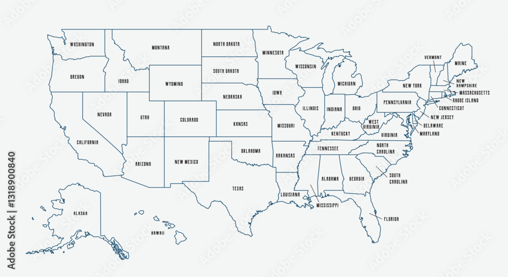 Map of the United States with state borders and names. USA map template ...